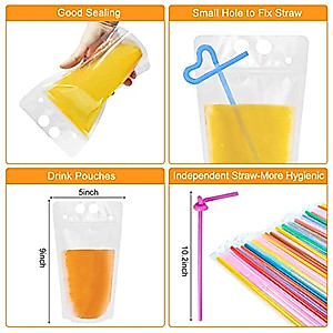 200 Pcs Drink Pouches for Adults, Reusable Plastic Juice Pouches Stand-up Smoothie Drink Pouches with Straw Funnel for Cool Summer Party, Cold Hot Drinks