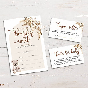 Baby Shower Invitations, Diaper Raffle Tickets and Baby Shower Book Request Cards, Bear Boho Floral Baby Gender Reveal Party Supplies, Gender Neutral Baby Shower Decorations - 25 Sets(YQKTZ-014)