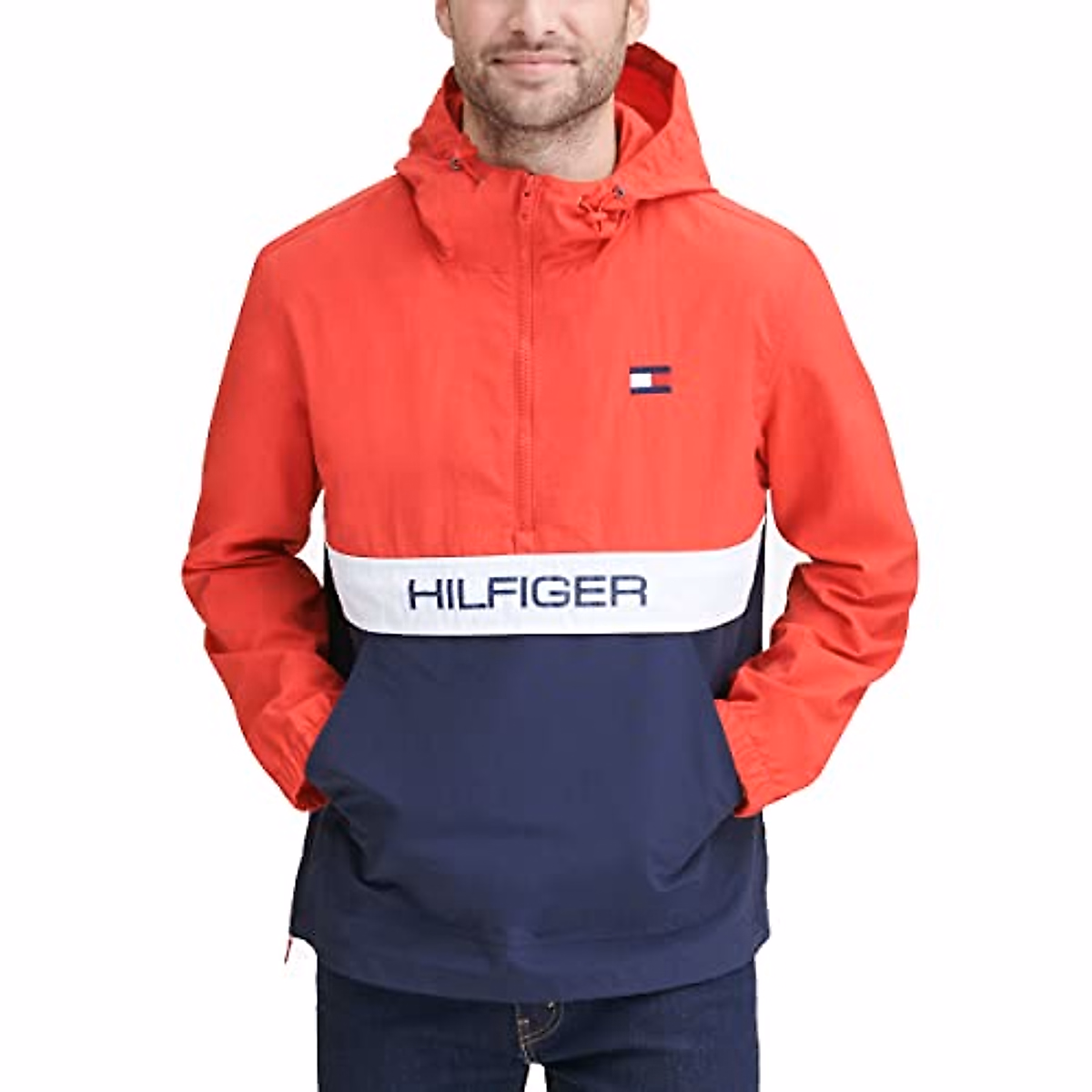Tommy Hilfiger Men's Lightweight Taslan Hooded Popover Windbreaker Jacket Outerwear, -Red/Navy Color Block, Large