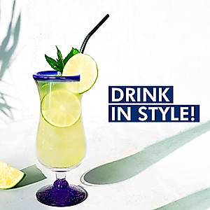 Amici Home Blue Rim Hurricane Glass | Set of 4 | Authentic Mexican Handmade Glassware | Bar Glasses for Pina Coladas, Cocktails, and Other Beverages | 16 Oz