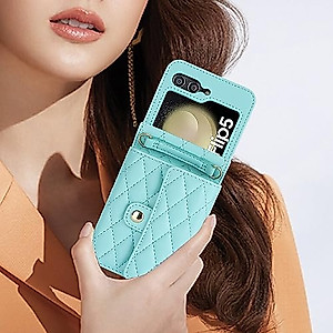 SZHAIYU Women Wallet Purse for Samsung Galaxy Z Flip 5 5G Case Crossbody with Credit Card Holder Strap Lanyard RFID Blocking Protection Flip Leather Zipper (Green, Z Flip 5)