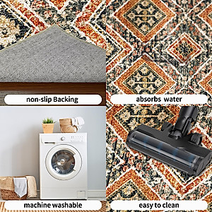 BESTSWEETIE 9x12 Area Rugs, Washable 9x12 Rug, Non Slip Floor Carpet, Low Pile Water Repellent,Ultra Soft Moroccan Rugs for Living Room Bedroom Indoor-Orange/Brown
