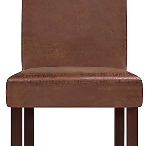 SIMPLIHOME Acadian Parson Dining Chair (Set of 2), Distressed Saddle Brown Faux Leather and SOLID WOOD, Square, Upholstered, For the Dining Room, Transitional Modern
