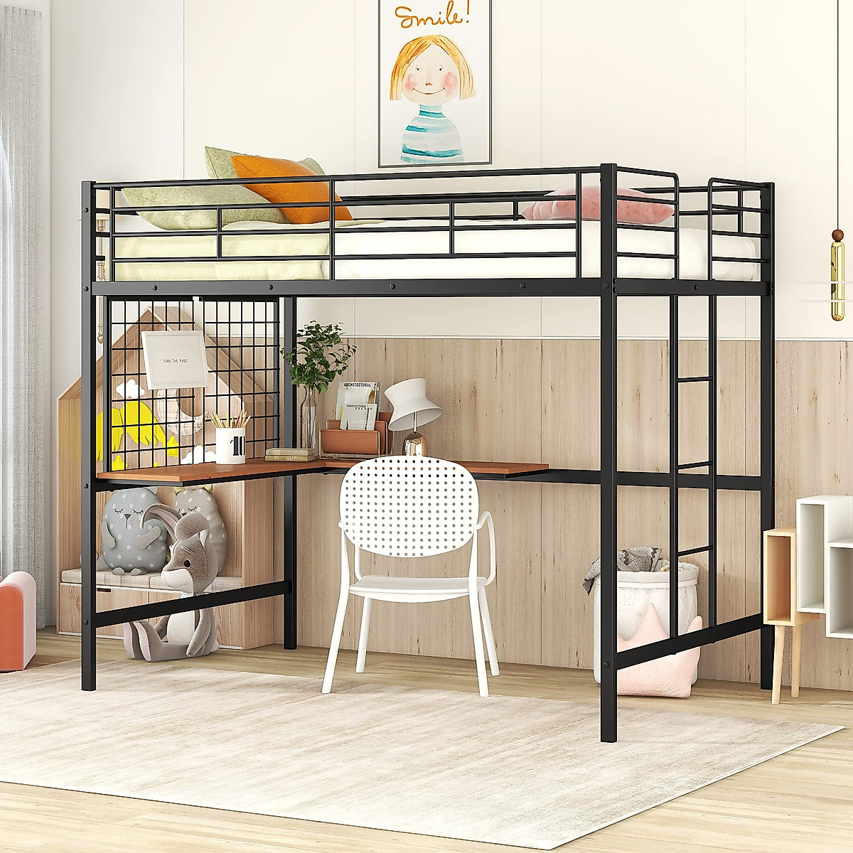 Black Full Loft Bed with Desk & Metal Grid, Metal Loft Bed Full Size with Safety Guardrails and Ladders, High Loft Bed Frame for Teens, Adults, No Box Spring Needed