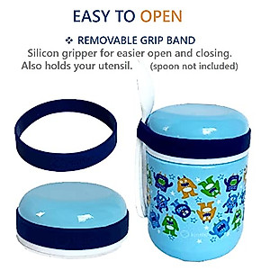 Thermos for Hot Food, Kids Lunch Insulated Stainless Steel Wide Mouth Jar, Boys Soup Container, Toddlers Day Care Pre-School, Leakproof Easy Grip Thermal Vacuum Seal 10 oz 300 ML (Blue Mini Monster)