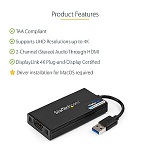 StarTech.com USB 3.0 to HDMI Adapter, 4K 30Hz UHD, USB to HDMI Display Adapter, External Adapter for Mac & Windows, TAA