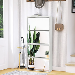 AODAILIHB White Shoe Cabinet for Entryway Slim, Narrow Freestanding Shoe Rack with 4 Flip Drawers&Mirror, Wood Shoe Storage Organizer for Closet, Apartment, and Corridor (Mirror Cabinet)