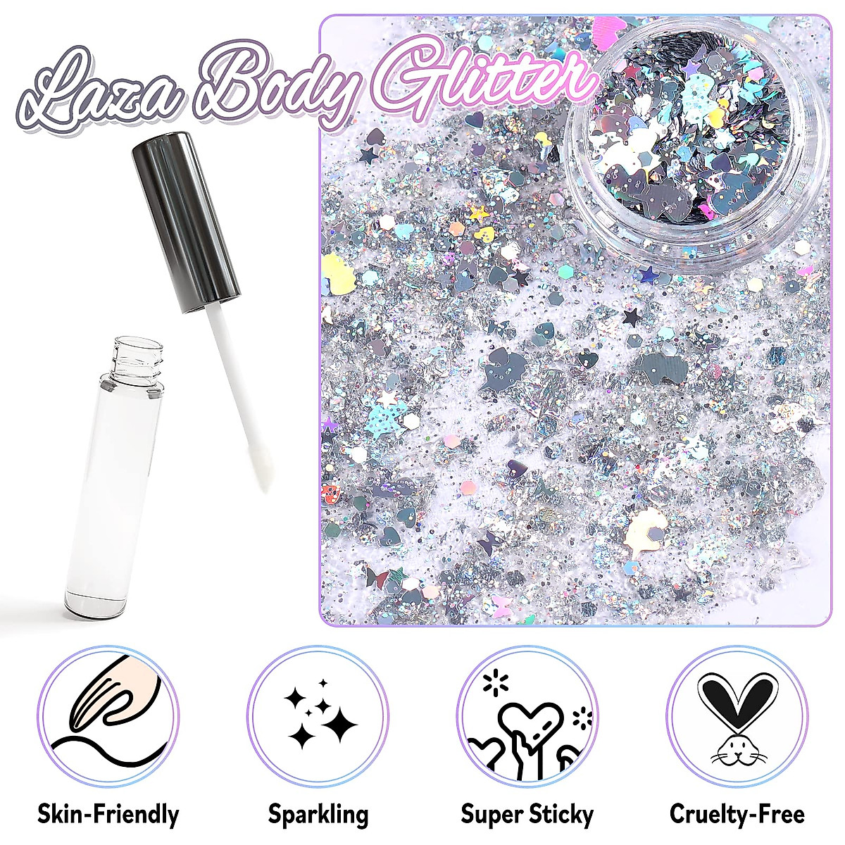 Laza Body Glitter, 2 Jars Holographic Chunky Sequins with Glitter Glue Perfect for Women Eyeshadow Makeup Face Paint Festival Rave Outfits Hair Accessories Carnival Party Costumes - Laser Galaxy