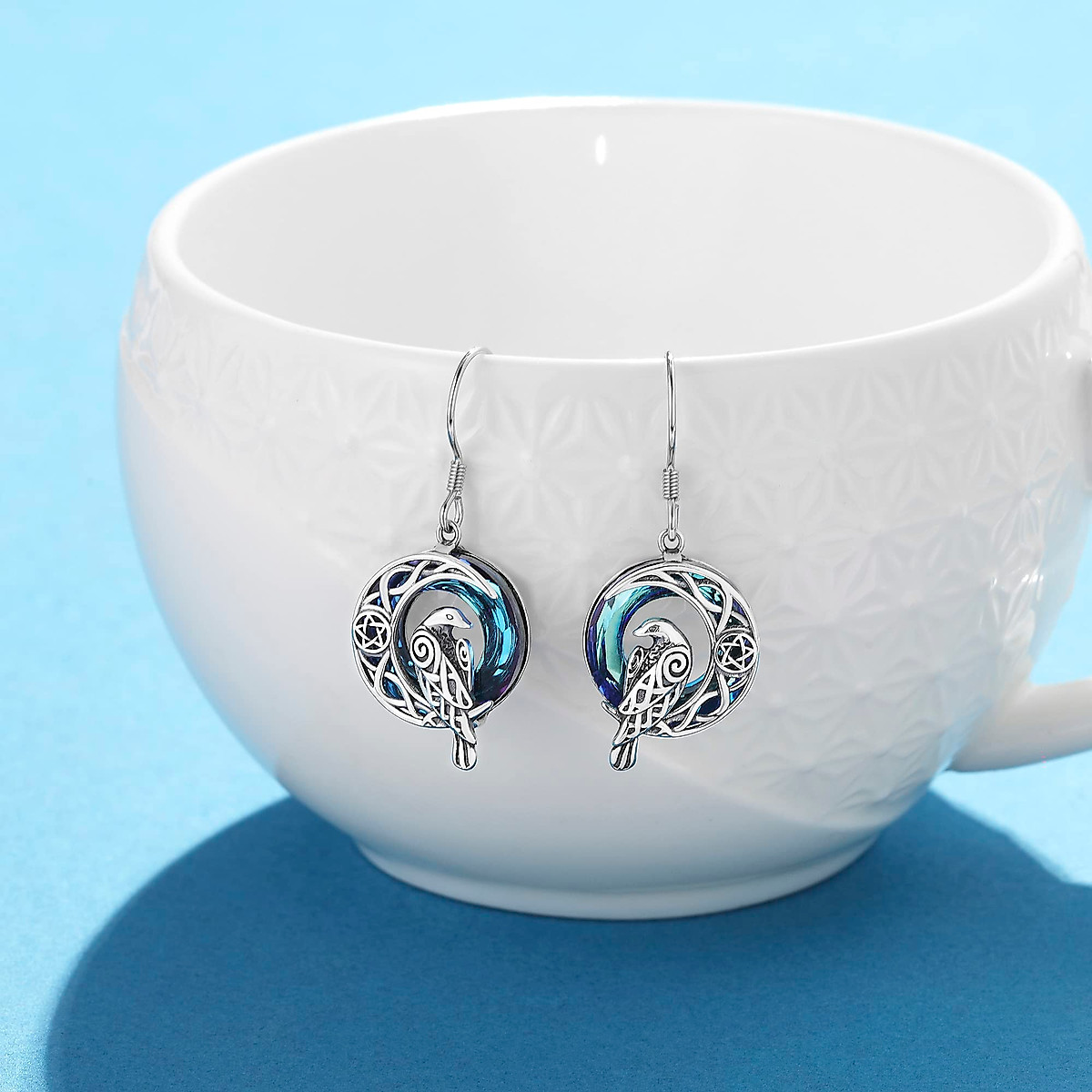 Crystal Raven Earrings Sterling Silver Crow Viking Odin Bird Drop Earrings Blue Crystal Raven on Moon Jewelry Gifts for Women