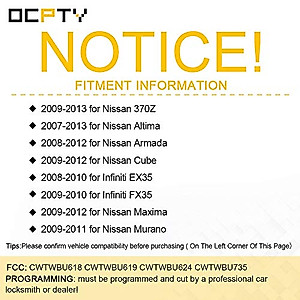 OCPTY CWTWBU618 2X Flip Key Entry Remote Control Transponder Ignition Key 07-13 for Nissan 370Z Altima Armada for Infiniti EX35 FX35 FX50 G35 G37 Maxima Murano QX56 CWTWBU619 CWTWBU624