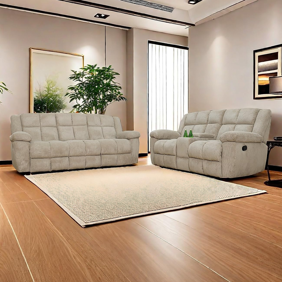 A Ainehome Manual Recliner Sofa Set, Corduroy Recliner Chair, Modern Loveseat Sofa, Modern Reclining Sofa Couch and Recliner Couches for Living Room/Office(Sofa+Loveseat, Beige)