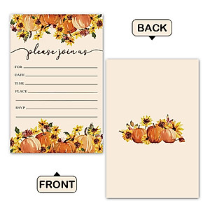 REWIDPARTY Thanksgiving Party Invitation Cards with Envelopes（Set of 15） Food Feast Invites for Family Friends Fall Invitations with Pumpkin and Florals Birthday Bridal Party Fill-in Invitation cards