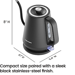 Chefman Gooseneck Electric Kettle, 0.8L Pour Over Tea Kettle for Coffee and Tea, One-Touch Operation, Boil-Dry Protection, Auto Shut-Off, Ultra-Fast Hot Water Boiler – Black