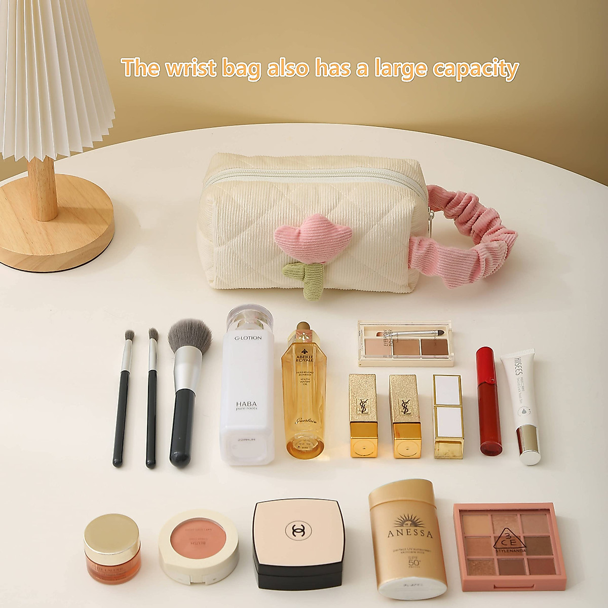 TrueLux Cute Corduroy Makeup Bag Set of 2(Cream),Quilted Travel Cosmetic Organizer Bag with Tulips, Velvet Toiletry Bag with Portable Makeup Pouch for Women Girls