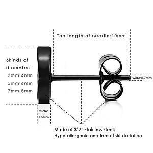 LIEBLICH Black Round Stud Earrings Set Stainless Steel Ear Studs for Men Women 6 Pairs 3mm-8mm … (Black)