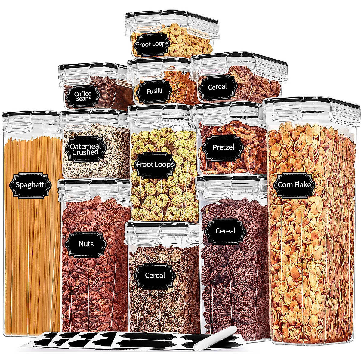 PRAKI Airtight Food Storage Containers with Lids, 12PCS Plastic Kitchen Storage Containers for Pantry Organization and Storage - Cereal, Rice, Flour and Sugar Containers with Labels & Marker