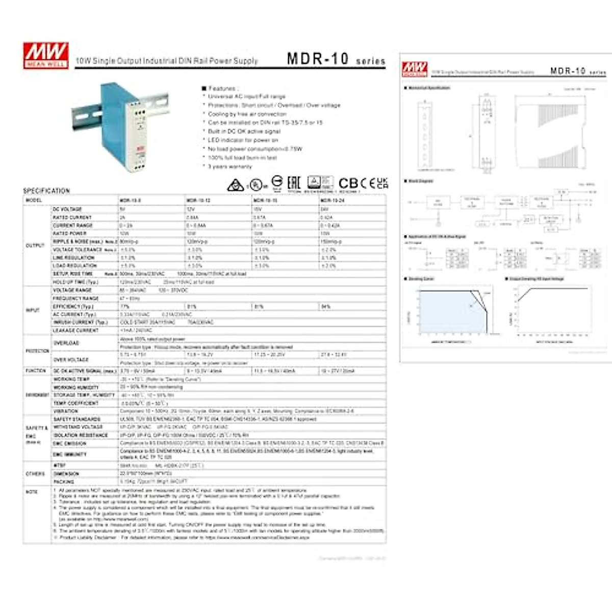 DynMach MDR-10-24 DIN Rail Mounted Power Supply - Input: 85-264VAC; Output: 12VDC, 0.42A, 10W; High Efficiency and Stability, Engineered for Small Scale Industrial Applications