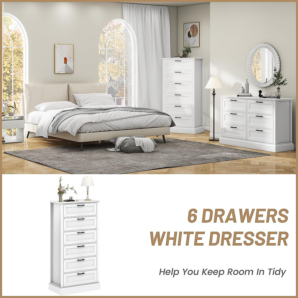 biukpci Tall White 6 Drawer Dresser, Wood Vertical Chest of Drawers for Bedroom, 55" H Modern Lingerie Dressers for Closet, Living Room, Hallway and Home Office