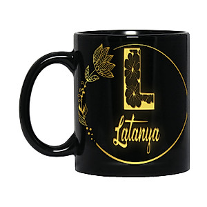 Coffee Mug Personalized Latanya Name & Initial Letter Monogram Floral Alphabet Mug Golden Flowers Custom Black Coffee Cup, Gift for Her Mom Coworker Sister, Wife, Girl 11oz Black Mug 028639