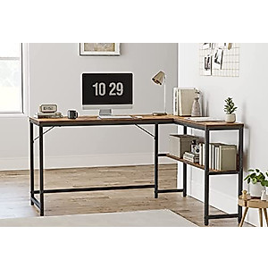 CubiCubi L Shaped Desk, 55.1 inch Corner Computer Desk with Storage Shelves, Study Writing Table Workstation with Open Shelves for Home Office, Rustic Brown