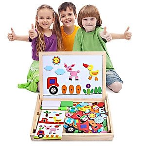 Wooden Toy Magnetic Board Puzzle Games , Double Side Jigsaw &Drawing Sketchpad Writing Dry Erase Board Chalkboard Educational Toys for Kids