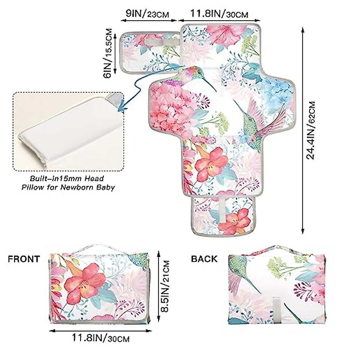 Flowers Birds Portable Baby Changing Pad Travel Diaper Changing Pad Foldable Waterproof Changing Station with Built-in Pillow for Baby Gifts Newborn
