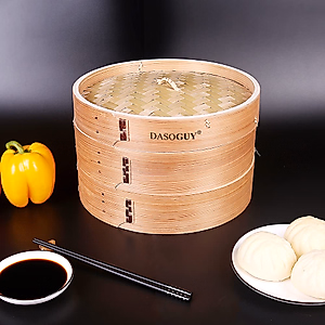 Dasoguy Deepen 10.2 Inch Handmade Wood Steamer with Stainless Steel Rings, 2 Tiers Steam Basket for Dumpling Dim Sum Bun Rice Chinese Food, Present 2 Cotton Liners