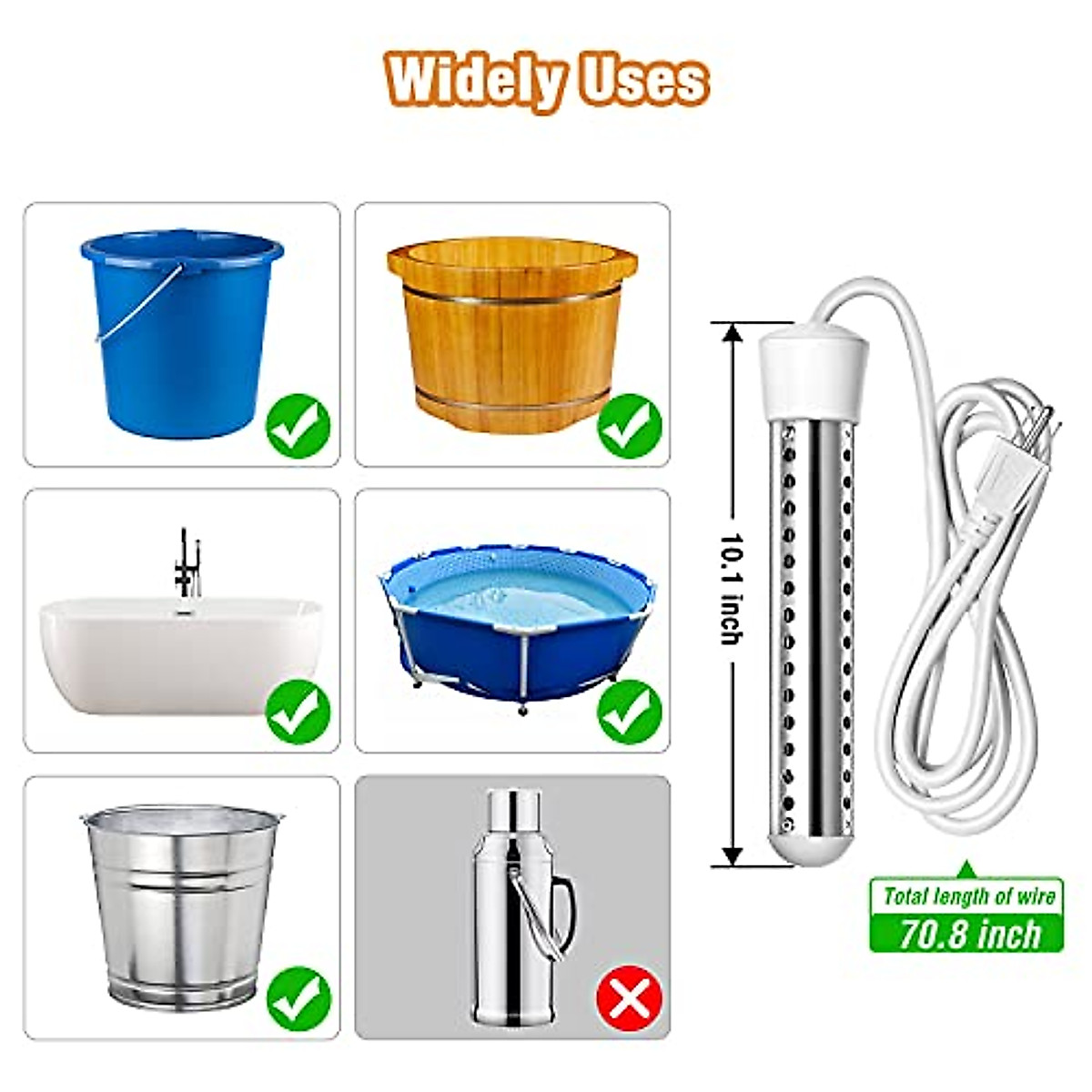 Soundfair Immersion Water Heater for Boiling Bathtub Water, Heavy Duty Submersible Bucket Water Heater with Metal Guard Cover to Heat 5 Gallons of Water in Minutes - U.S. Version