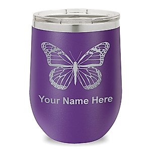 SkunkWerkz Wine Glass Tumbler, Monarch Butterfly, Personalized Engraving Included (Dark Purple)