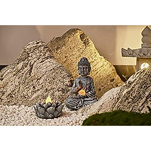 TERESA'S COLLECTIONS Meditating Buddha Statue and Lotus Lantern Garden Statue with Solar Lights, Set of 2 Rustic Buddha Outdoor Statue Spiritual Zen Garden Decor for Patio Porch Yard Decorations