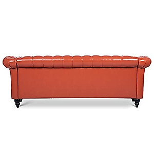 GEEVIVO 84.65" Large Sofa, Mid-Century PU Leather Sofa Modern Tufted Upholstered Futon Sofa Couch with Removable Cushion 3 Seater Scroll Arm Sleeper Sofa for Living Room/Bedroom/Apartment(Orange)