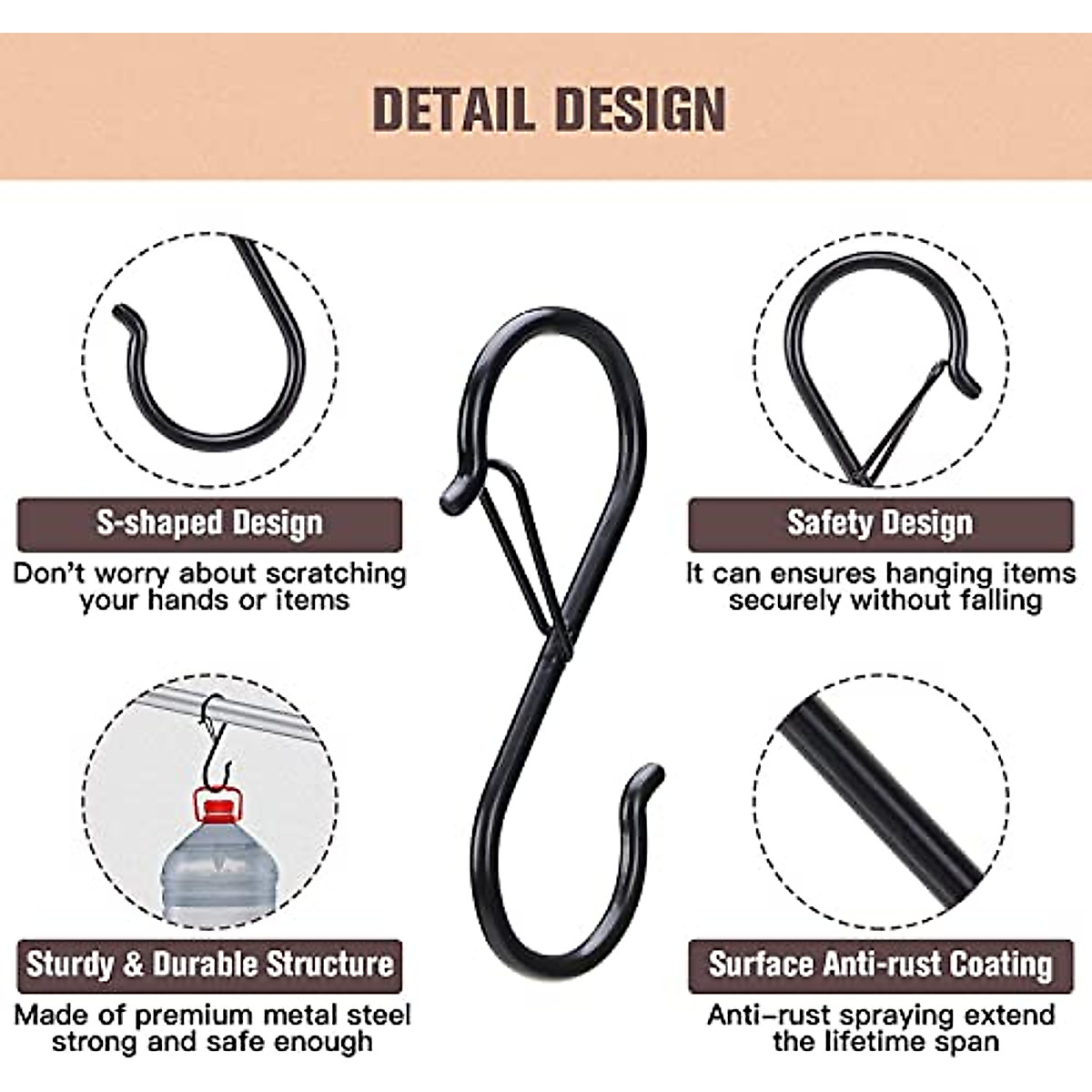 10 Pack Heavy Duty S Hooks Stainless Steel S Shaped Hooks Hanging Hangers for Kitchenware Spoons Pans Pots Utensils Clothes Bags Towers Tools Plants Heavy Duty Rustproof Safety Buckle Design(Black)