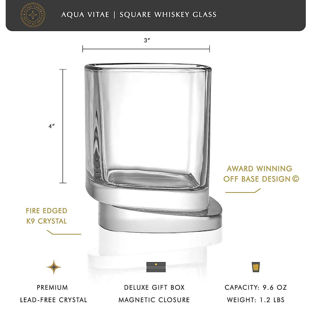 JoyJolt Aqua Vitae Premium Whiskey Glass Set of 2. Square Whiskey Glasses with Off Set Base. Old Fashioned Rocks Glasses for Scotch and Bourbon. Whiskey Tumbler Gifts for Men