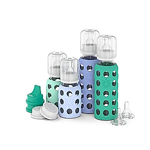 Lifefactory 4 Starter Baby Bottle Set in Mint/Blanket & in Kale/Blueberry Flat & Sippy Caps Stage 2 Nipples 10 Count
