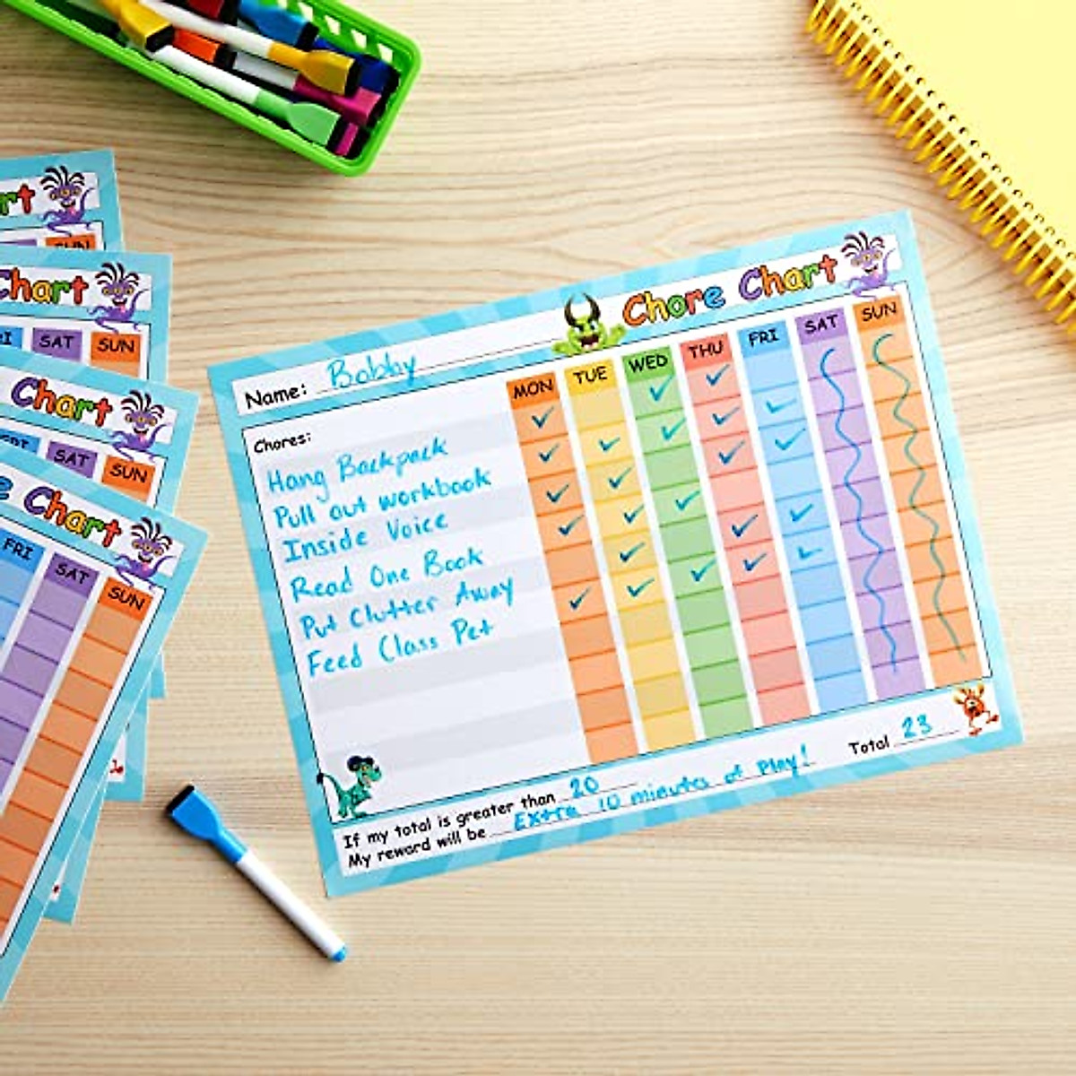 6 Pack Dry Erase Chore Chart for Kids, Reusable Behavior Reward Board with Self-Adhesive for Classroom, Monster Designs (14.5 x 11 in)