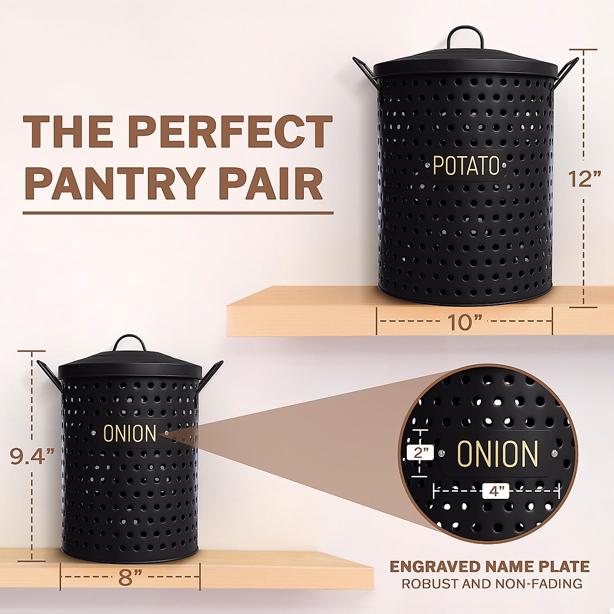 Kitchlab Set of 2 Potato and Onion Storage Bin - Matte Black Finish and Galvanized Kitchen Storage Bins - 10 x 12 Potato Keeper Storage Container - 8.94" Onion Storage Box for Kitchen Counter & More