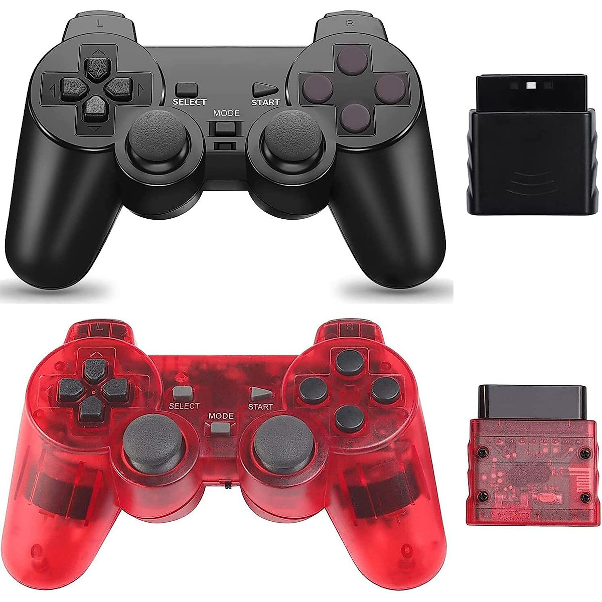 Burcica Wireless Controller for PS2 Play Station 2 Dual Vibration 2 PC (ClearBlue and ClearRed)