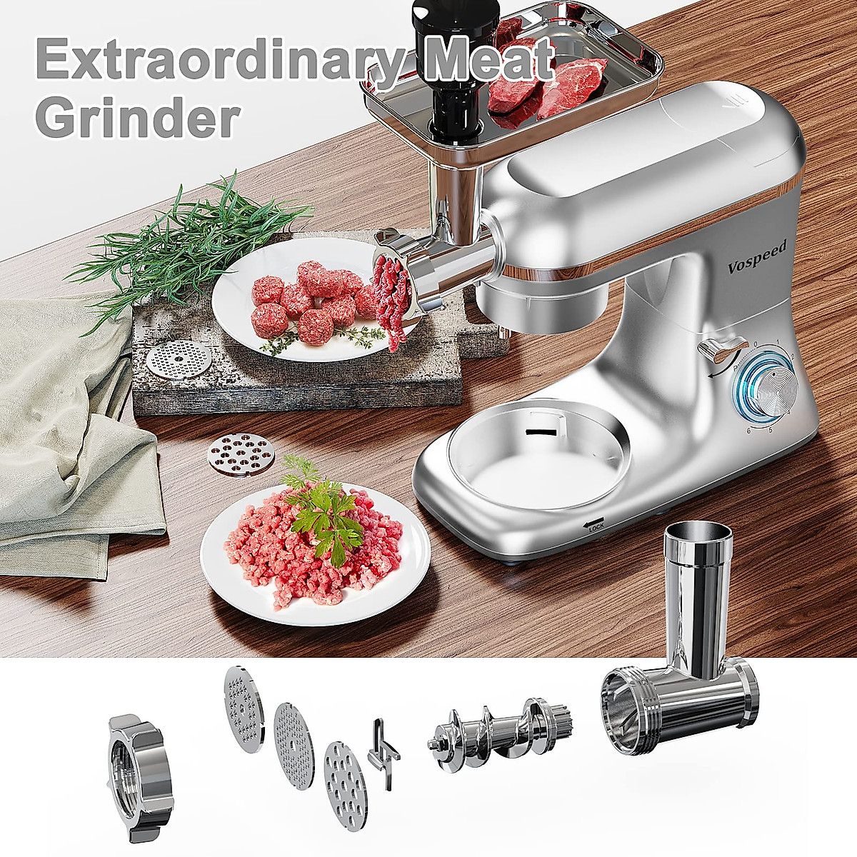 Vospeed 9 IN 1 Stand Mixer, 850W Tilt-Head Multifunctional Electric Mixer with 7.5 QT Stainless Steel Bowl, 1.5L Glass Jar, Meat Grinder, Hook, Whisk, Beater Dishwasher Safe - Silver