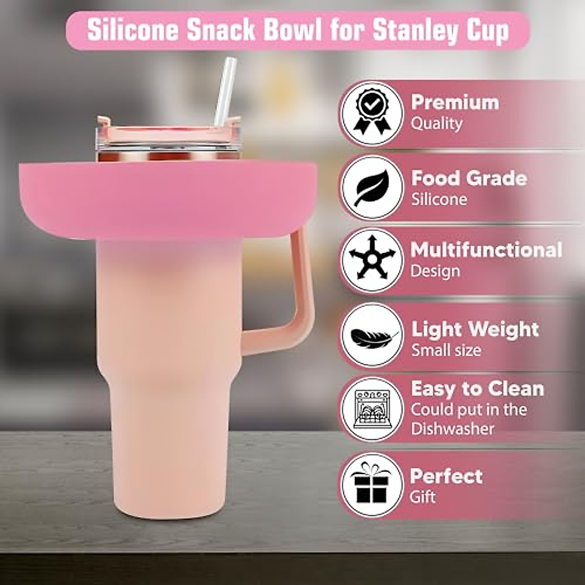 Snack Bowl for Stanley Cup - Silicone Snack Ring For Stanley Cup 1.0 H2.0 40oz Tumbler with Handle - 40 Oz Reusable Tray Platter For Stanley, Portable Snack Holder For Stanley Cup Accessories (Pink)