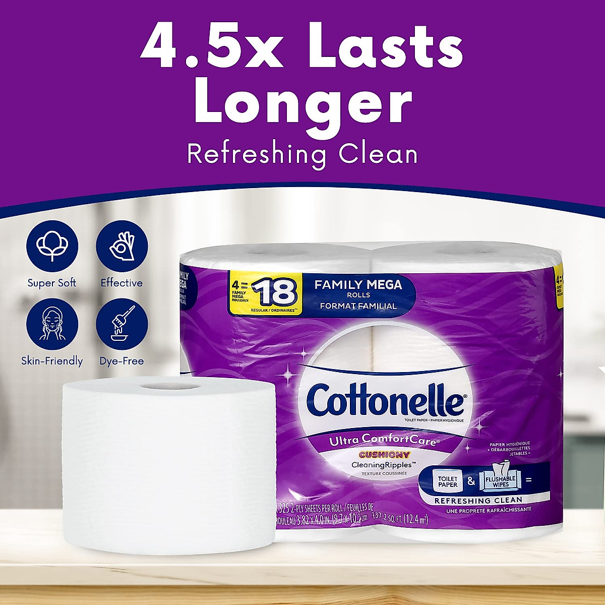 Ultra ComfortCare Toilet Paper - 1 Pack of 4 Rolls, 325 2-Ply Sheets Per Roll - 4 Family Mega Rolls = 18 Regular Rolls with Cushiony CleaningRipples Super Soft and Strong Toilet Tissue