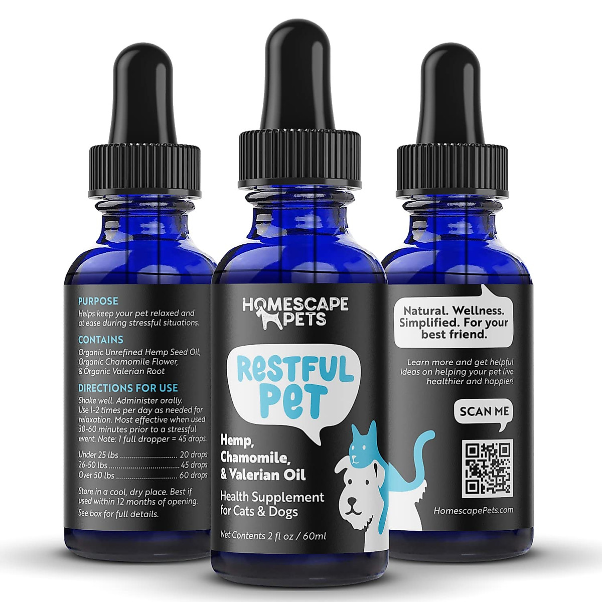 Homescape Pets Restful Pet - Calming Drops - Anxiety, Fireworks, Storms, Stress Relief - Organic Hemp Oil, Chamomile & Valerian for Dogs and Cats - Vet Recommended