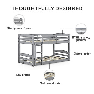 DHP Phoenix Convertible Low Wood Floor Bunk Bed, Stackable and Detachable Bed Frames for Kids, Solid Wood, with Ladder, High Guardrail, Wood Slats, No Boxspring Required, Twin-Over-Twin, Gray