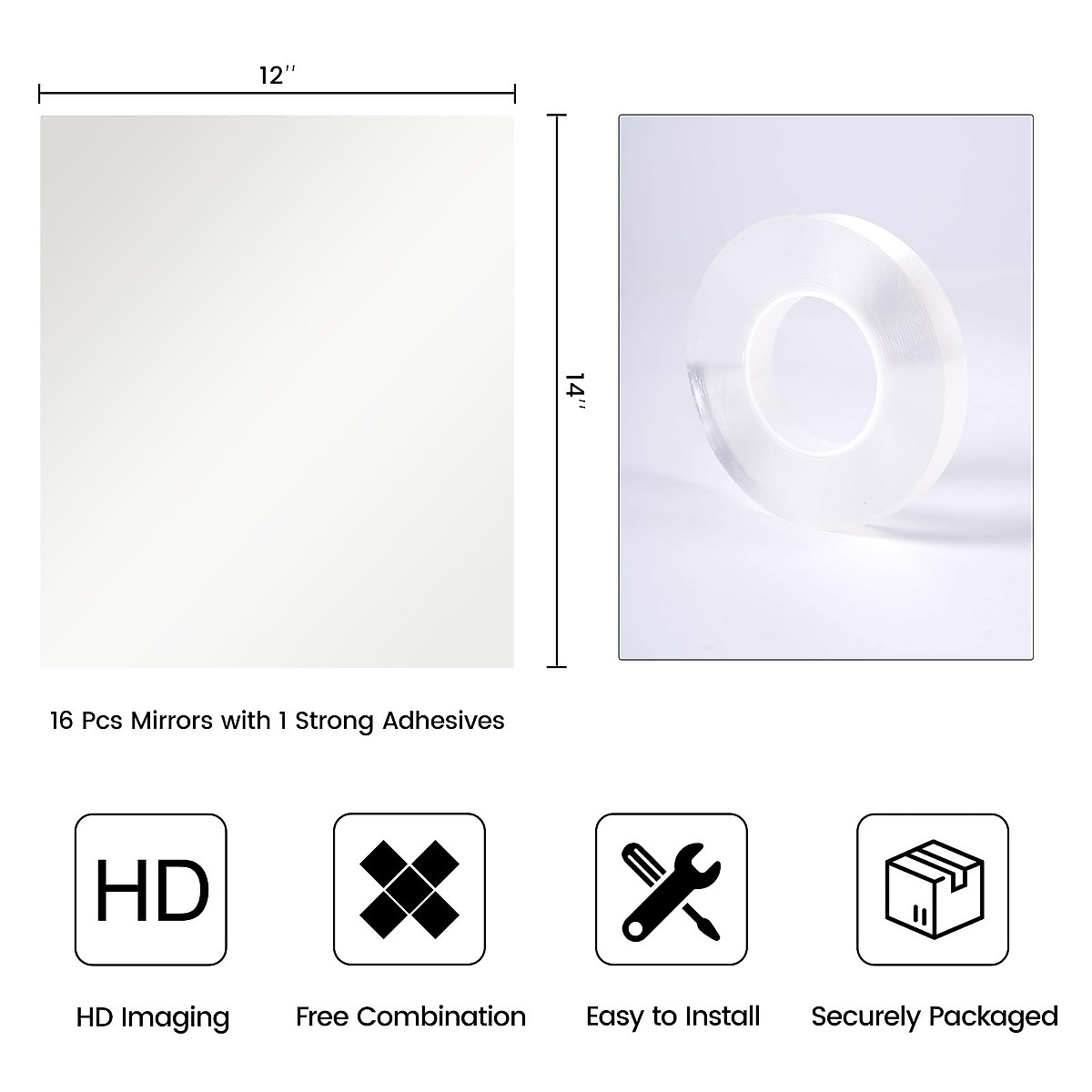 FOLUVUR 16PCS 14"x12" Home Gym Mirror Wall-Mounted Glass Full Length Mirror Tiles Door Mirror Wall Mirror Full Body Mirror Frameless for Dance Garage Yoga