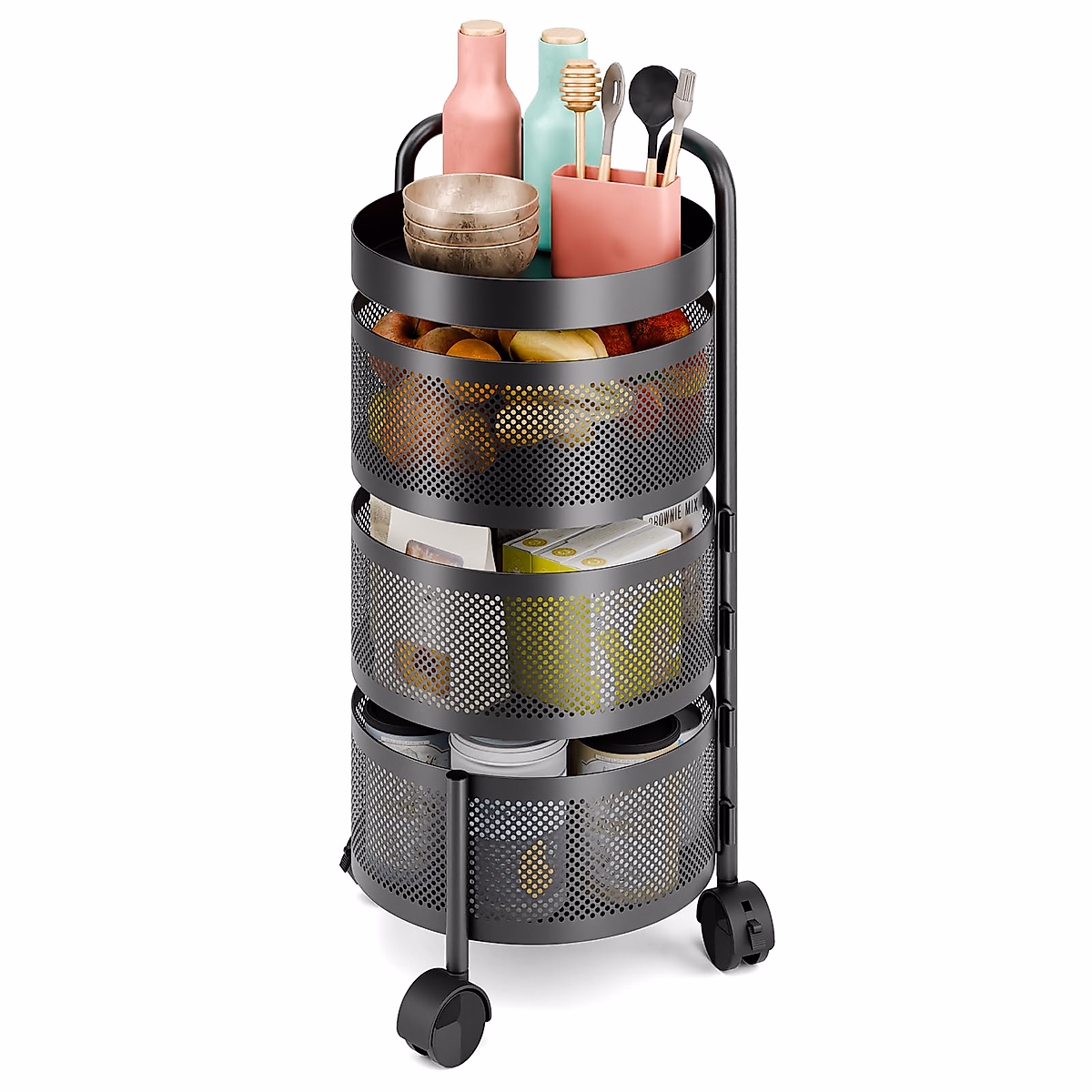 qajexluz Rotating Kitchen Storage Rack No Assembly, 3/4/5-Tier Metal Storage Tower Basket Shelves Organizer on Rolling Wheels with Removal Drawers for Fruit Vegetable Grocery Corns Potato Onion Tripl