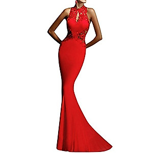 GlorySunshine Women's Sheath Sexy Lace Backless Mermaid Bridal Flare Dress (M, New Red)
