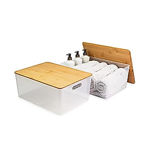 Isaac Jacobs 2-Pack XL Clear Storage Bin Set w/Cut-Out Handles and Bamboo Lid, Plastic Organizers for Home, Pantry, Kitchen, Closet, Office, Home Décor, BPA Free, Food Safe (Extra-Large, Clear)