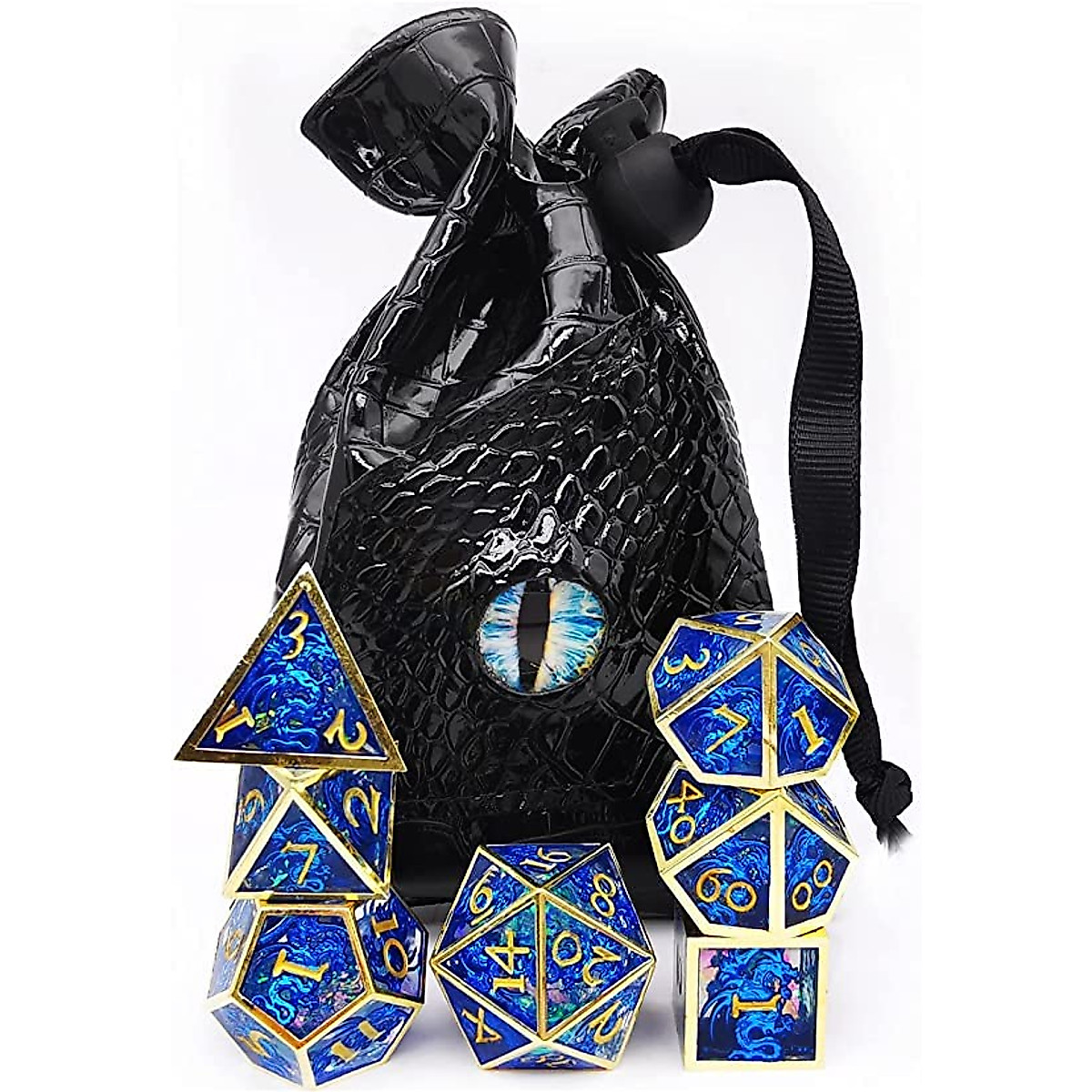 HAOMEJA Hollow Metal + Resin Dragons Dice Set DND 7 Set Dice Role Playing Dice D&D Dungeons and Dragons (Blue)