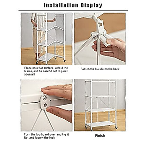 4 Tier Foldable Shelving Unit, Lanstics Folding Shelves Heavy Duty Storage Shelving with Wheels Metal Shelf Standing Shelves Units for Home Kitchen Living Room