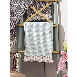 Farmhouse Throws Blanket in Two Tone Honeycomb,Picnic,Camping, Beach,Throws for Couch,Everyday Use, Cotton Throw Blanket with Super Soft and Excellent Handfeel 50 x 60 -Aqua White