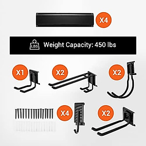 QualStorage Tool Storage Rack 15 PCS Adjustable Heavy Duty Garden Organizer Wall Mount Garage Hanger(11 Hooks, 4 Rails)